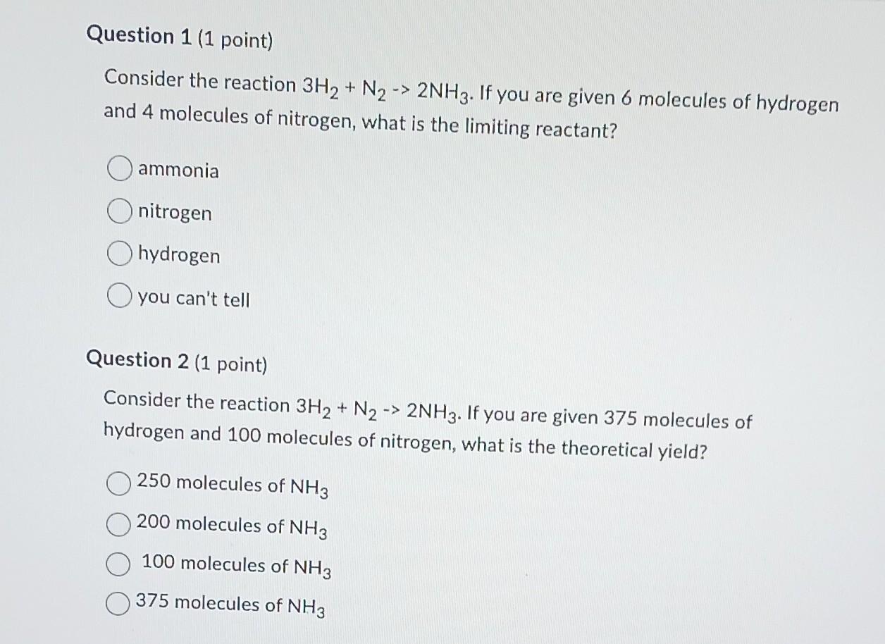 Solved Consider the reaction 3H2+N2→2NH3. If you are given 6 | Chegg.com