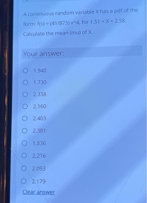 Solved Question 2 Calculate the mean (mu) of X for the | Chegg.com