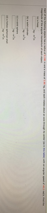 Solved Each of the following objects has a radius of 0.196 m | Chegg.com