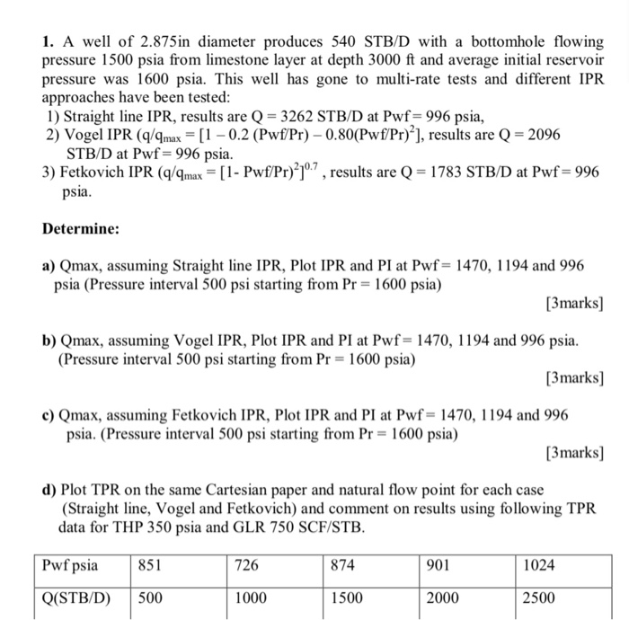 1. A well of 2.875in diameter produces 540 STB/D with | Chegg.com