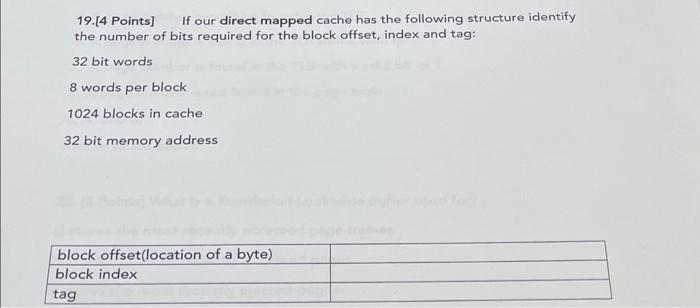 Solved 19.[4 Points] If our direct mapped cache has the | Chegg.com
