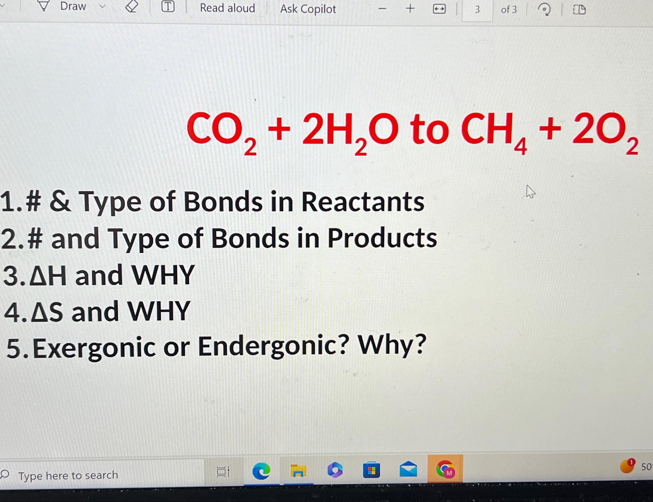 Solved CO2+2H2O to CH4+2O21.# & Type of Bonds in | Chegg.com