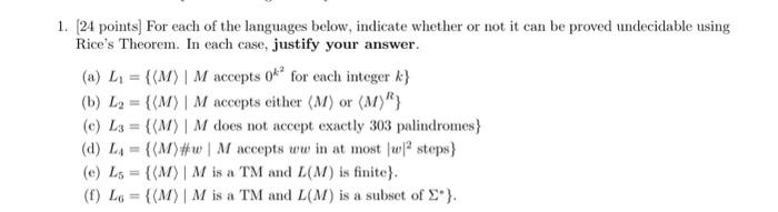 Solved 1. [24 points] For each of the languages below, | Chegg.com