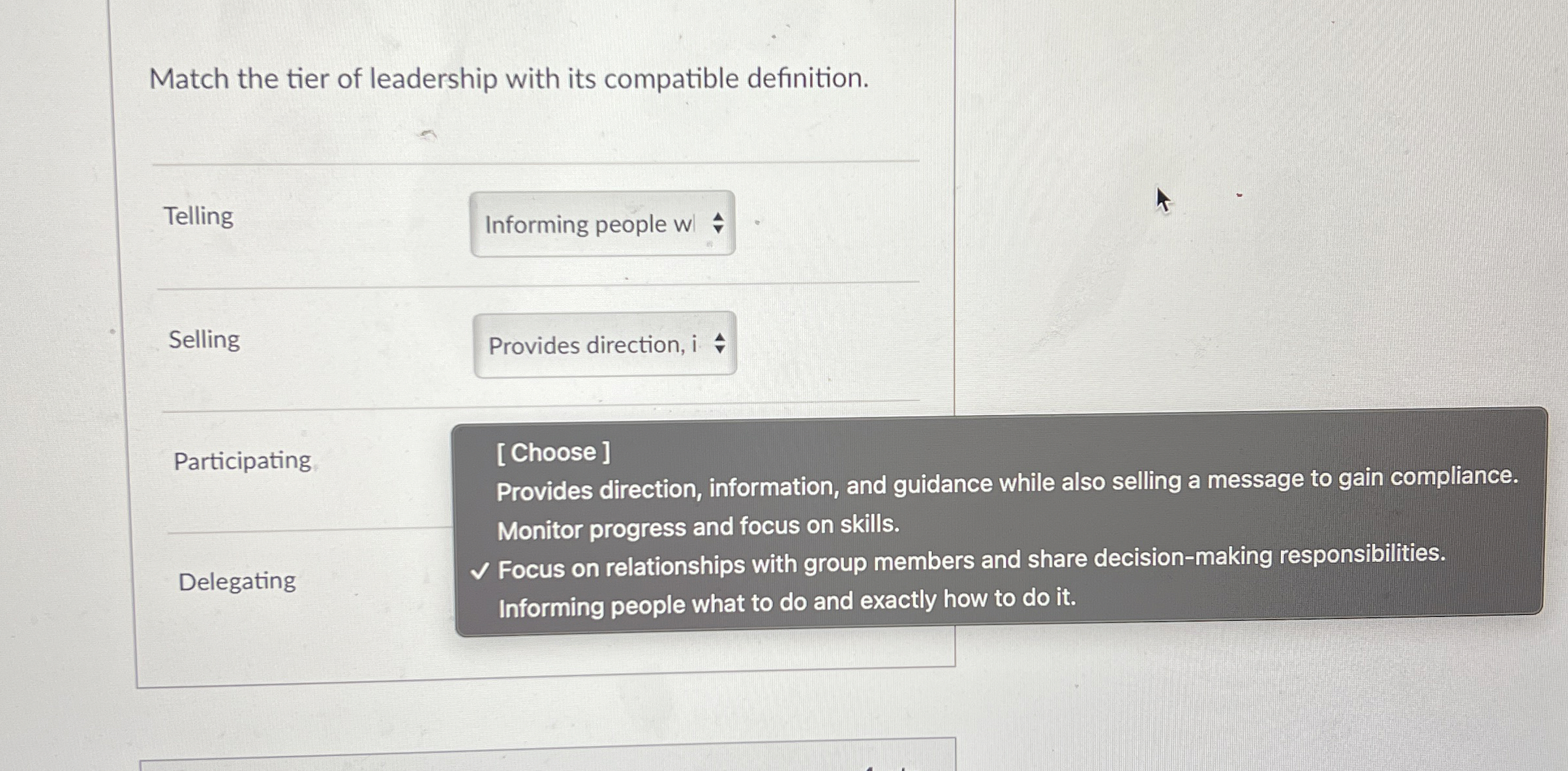Solved Match the tier of leadership with its compatible | Chegg.com