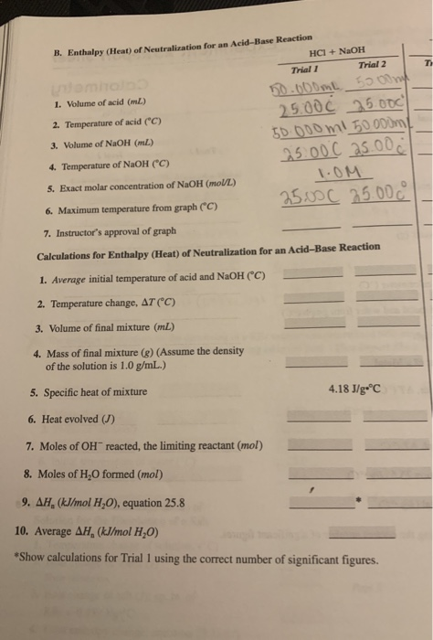 Solved B. Enthalpy (Heat) of Neutralization for an Acid-Base | Chegg.com