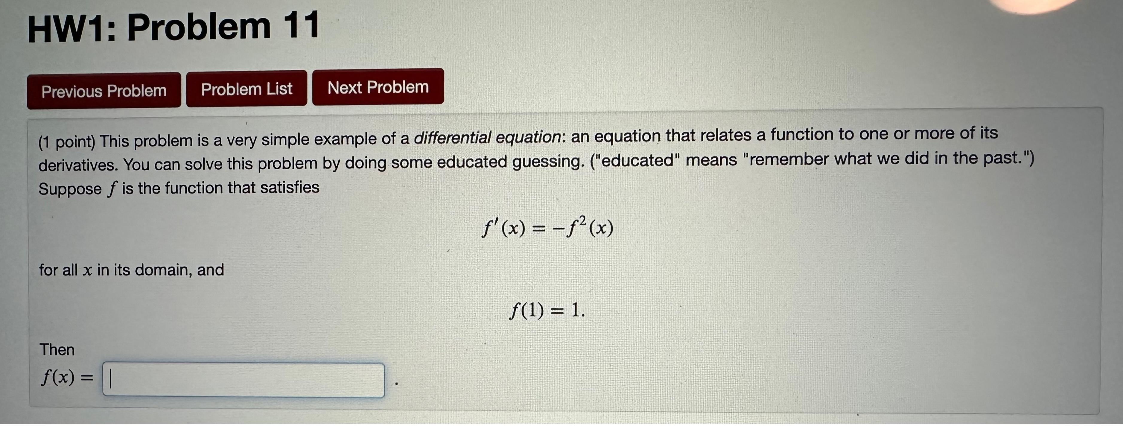 Solved HW1: Problem 11\\n(1 point) This problem is a very | Chegg.com