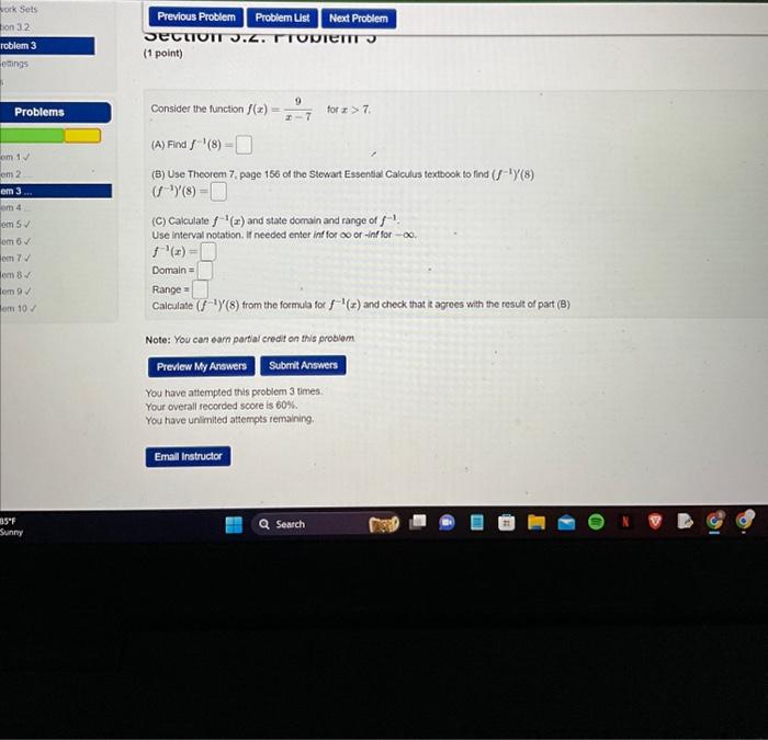 Solved Consider the function f(x)=x−79 for x>7 (A) Find | Chegg.com