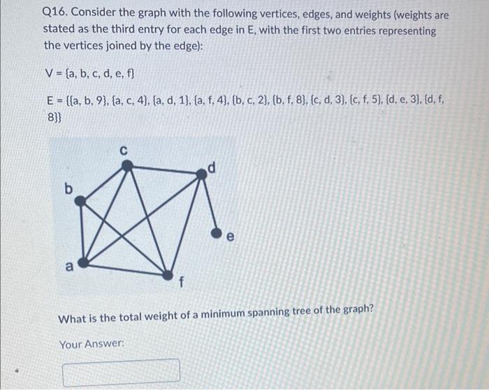 Solved Q16. Consider the graph with the following vertices, | Chegg.com