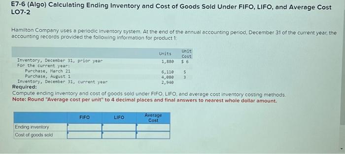 Solved E7-6 (Algo) Calculating Ending Inventory and Cost of | Chegg.com
