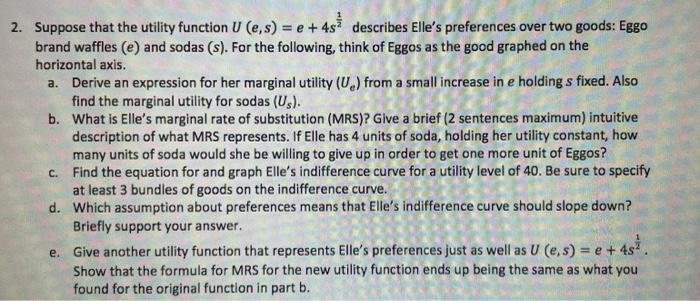 Solved 2. Suppose that the utility function U(e,s)=e+4s21 | Chegg.com