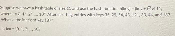 Solved Suppose we have a hash table of size 11 and use the | Chegg.com