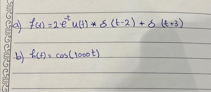 Solved a) f(t)=2e−tu(t)∗δ(t−2)+δ(t+3) b) h(t)=cos(1000t) | Chegg.com