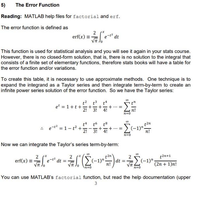 Solved 5) The Error Function Reading: MATLAB help fles for | Chegg.com