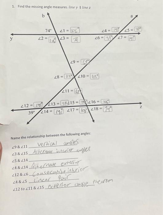 Solved 1. Find the missing angle measures. line y \|line z | Chegg.com