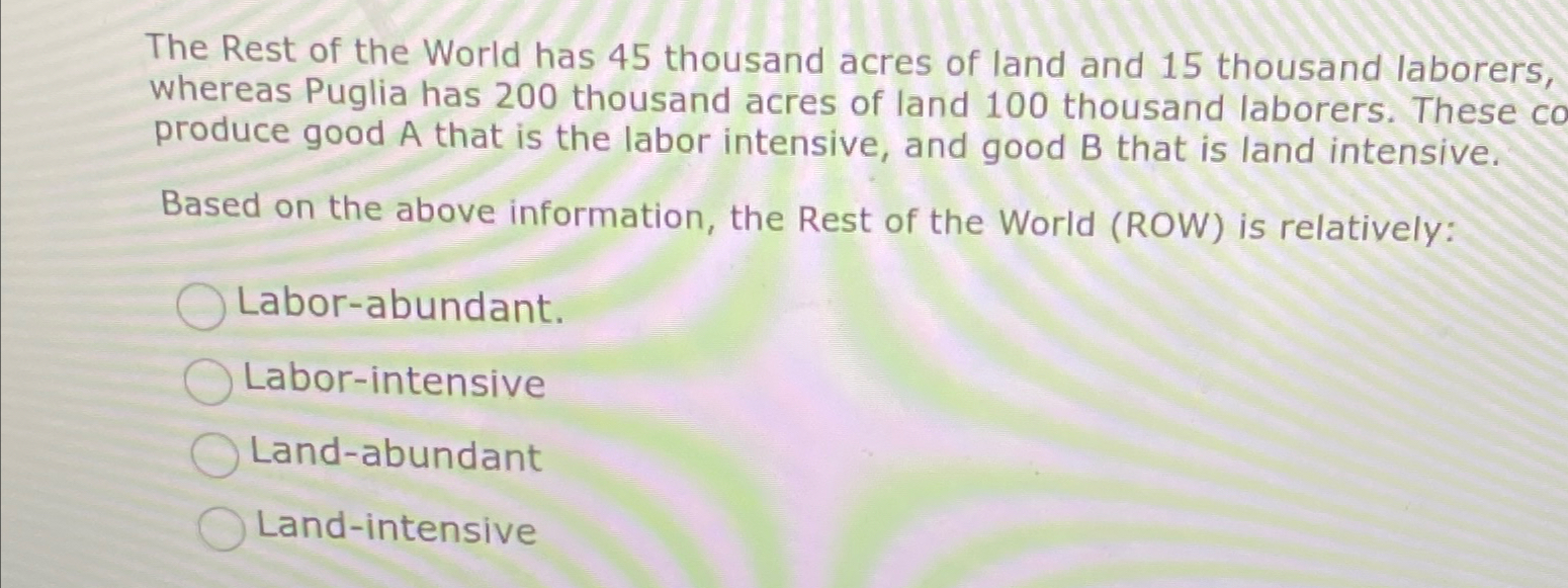 Solved The Rest of the World has 45 ﻿thousand acres of land | Chegg.com