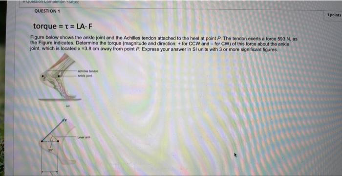 Solved torque =τ=LA⋅F Figure below shows the ankle joint and | Chegg.com