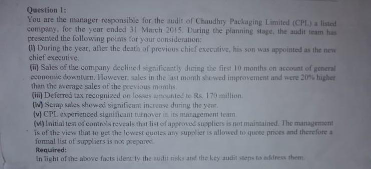 Solved Question 1: You are the manager responsible for the | Chegg.com