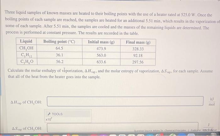 Solved Three liquid samples of known masses are heated to | Chegg.com