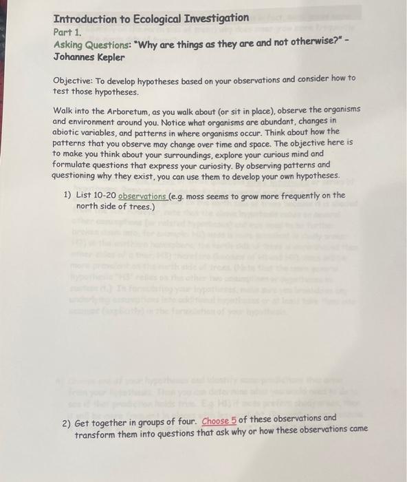 Solved Introduction to Ecological Investigation Part 1. | Chegg.com