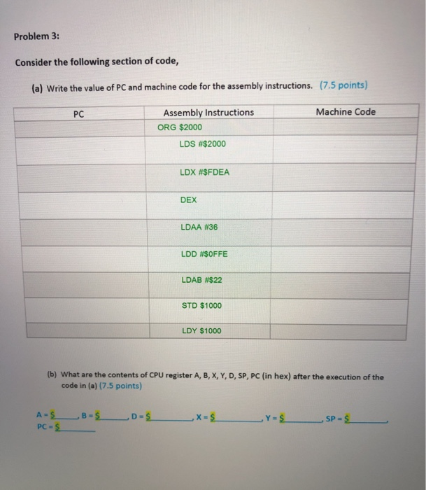 Solved Problem 3: Consider the following section of code, | Chegg.com