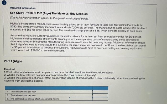 Solved Required information Self-Study Problem 11-2 (Algo) | Chegg.com