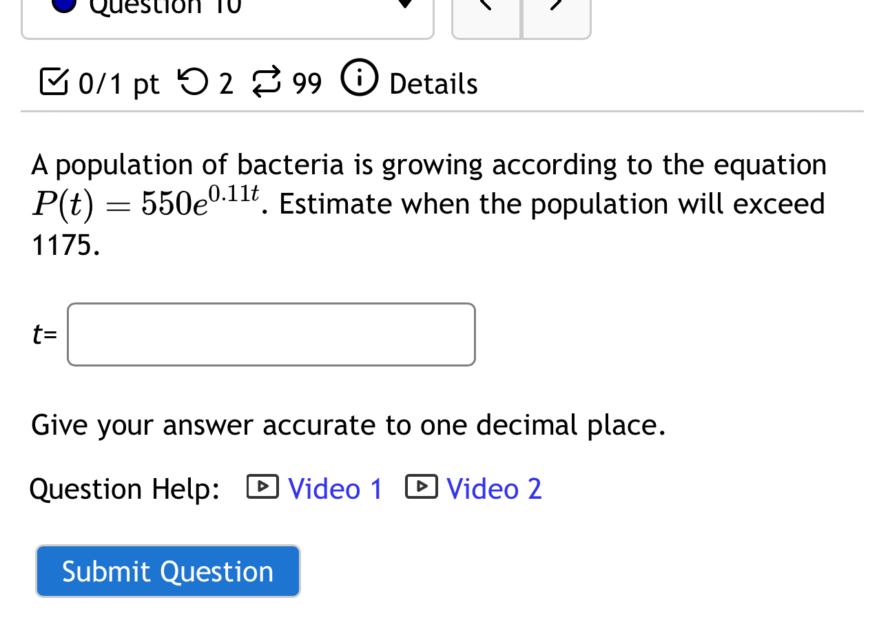 Solved 01pt2⇄99(i)DetailsA population of bacteria is growing | Chegg.com
