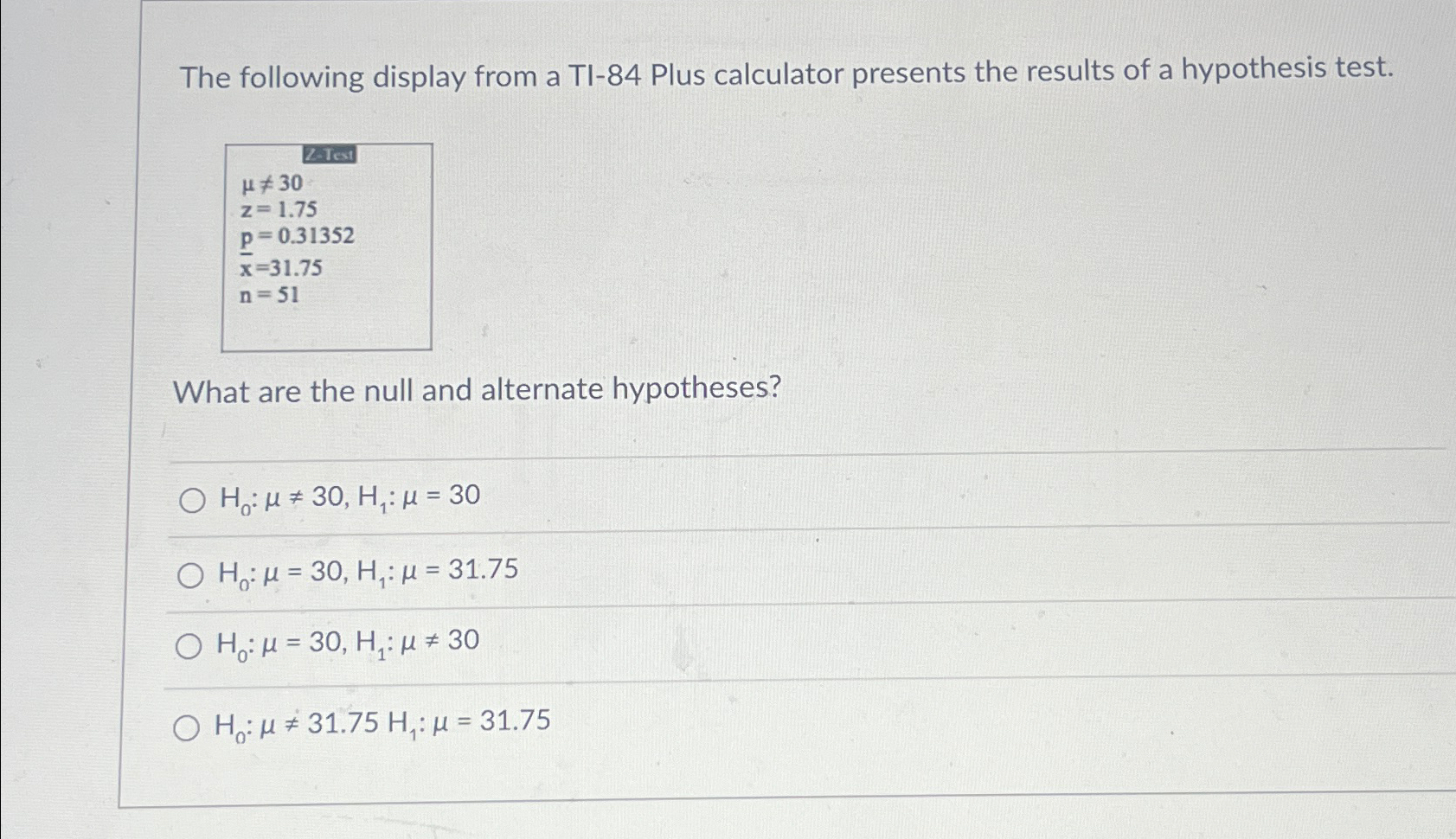 Solved The following display from a TI-84 ﻿Plus calculator | Chegg.com
