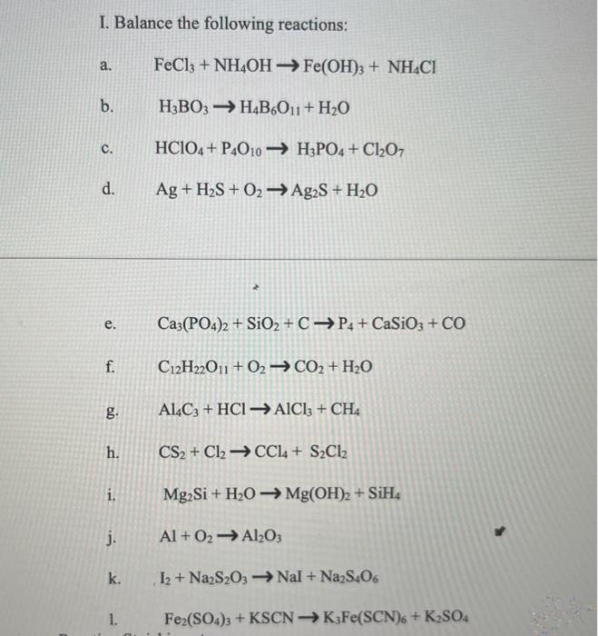 Solved I. Balance the following reactions: a. | Chegg.com