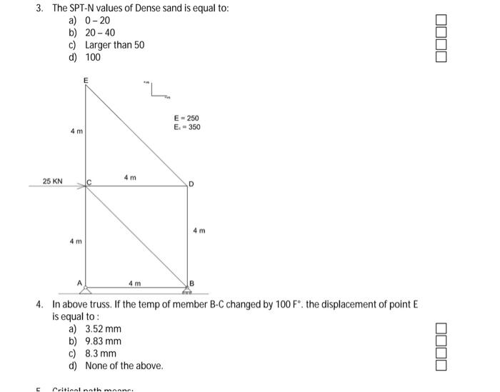 Solved 3. The SPT-N values of Dense sand is equal to: a) | Chegg.com