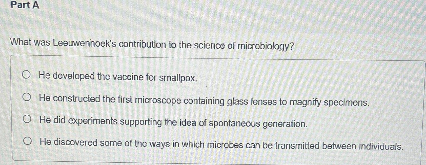 Solved Part AWhat was Leeuwenhoek's contribution to the | Chegg.com