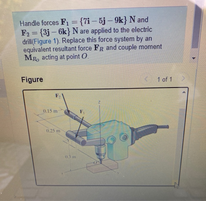 Solved Handle forces F1 = {7i - 5j – 9k} N and F2 = {3j – | Chegg.com