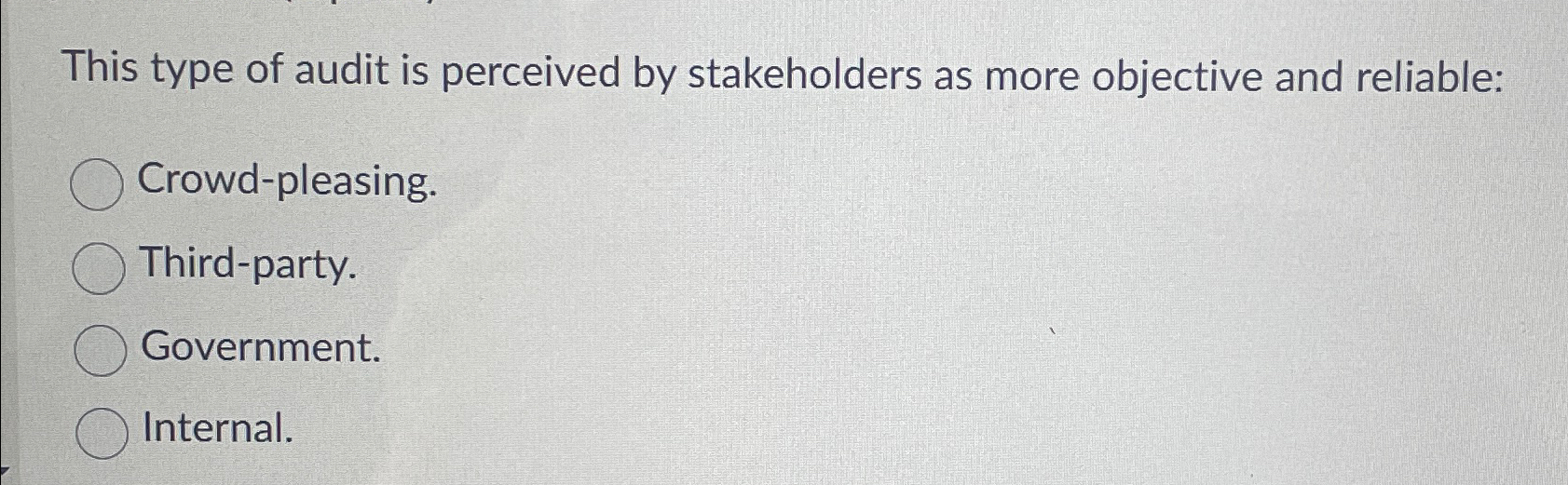 Solved This type of audit is perceived by stakeholders as | Chegg.com