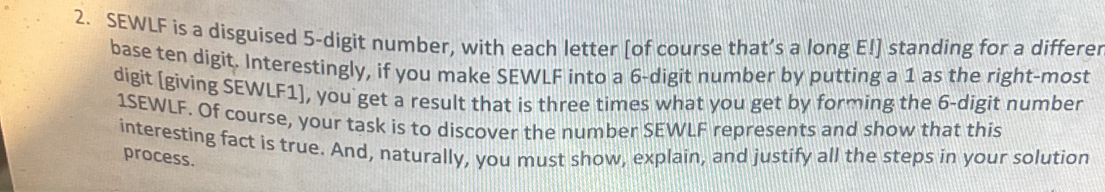Solved SEWLF is a disguised 5-digit number, with each letter | Chegg.com
