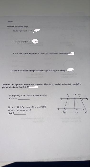 Solved Name Find the requested angle. 13. Complement of 63 | Chegg.com