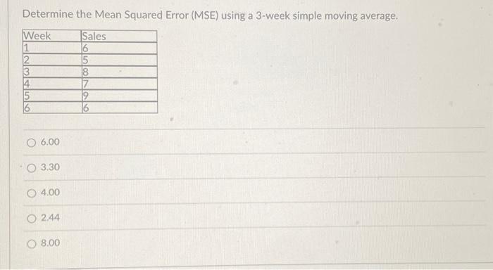 Determine the Mean Squared Error (MSE) using a 3-week | Chegg.com