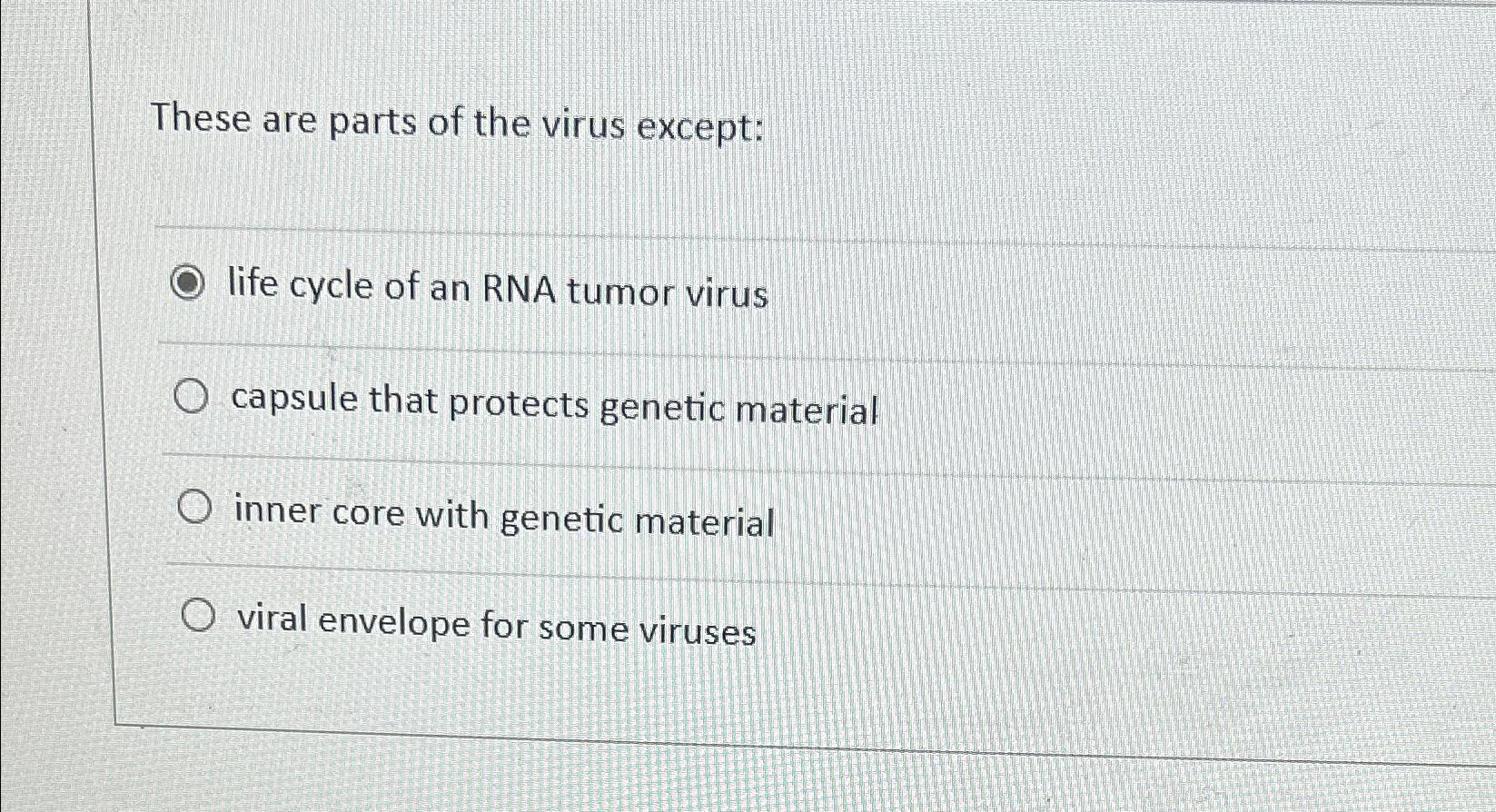 Solved These are parts of the virus except:life cycle of an | Chegg.com
