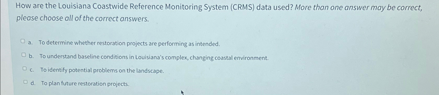 Solved How are the Louisiana Coastwide Reference Monitoring | Chegg.com
