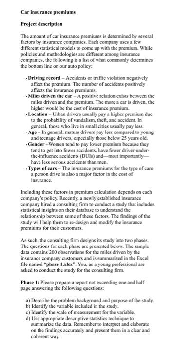 Solved Car insurance premiums Project description The amount | Chegg.com