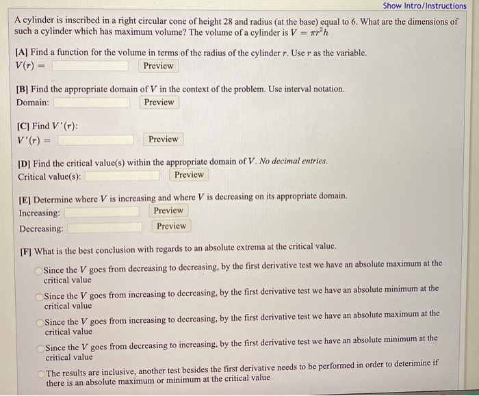 Solved Show Intro/Instructions A cylinder is inscribed in a | Chegg.com
