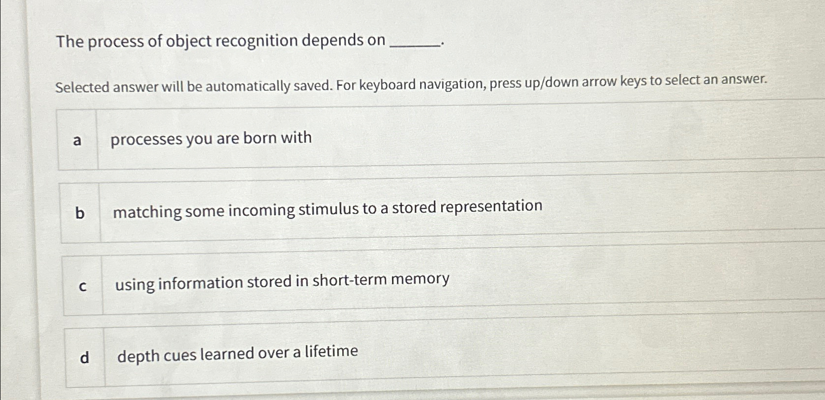 Solved The process of object recognition depends onSelected | Chegg.com