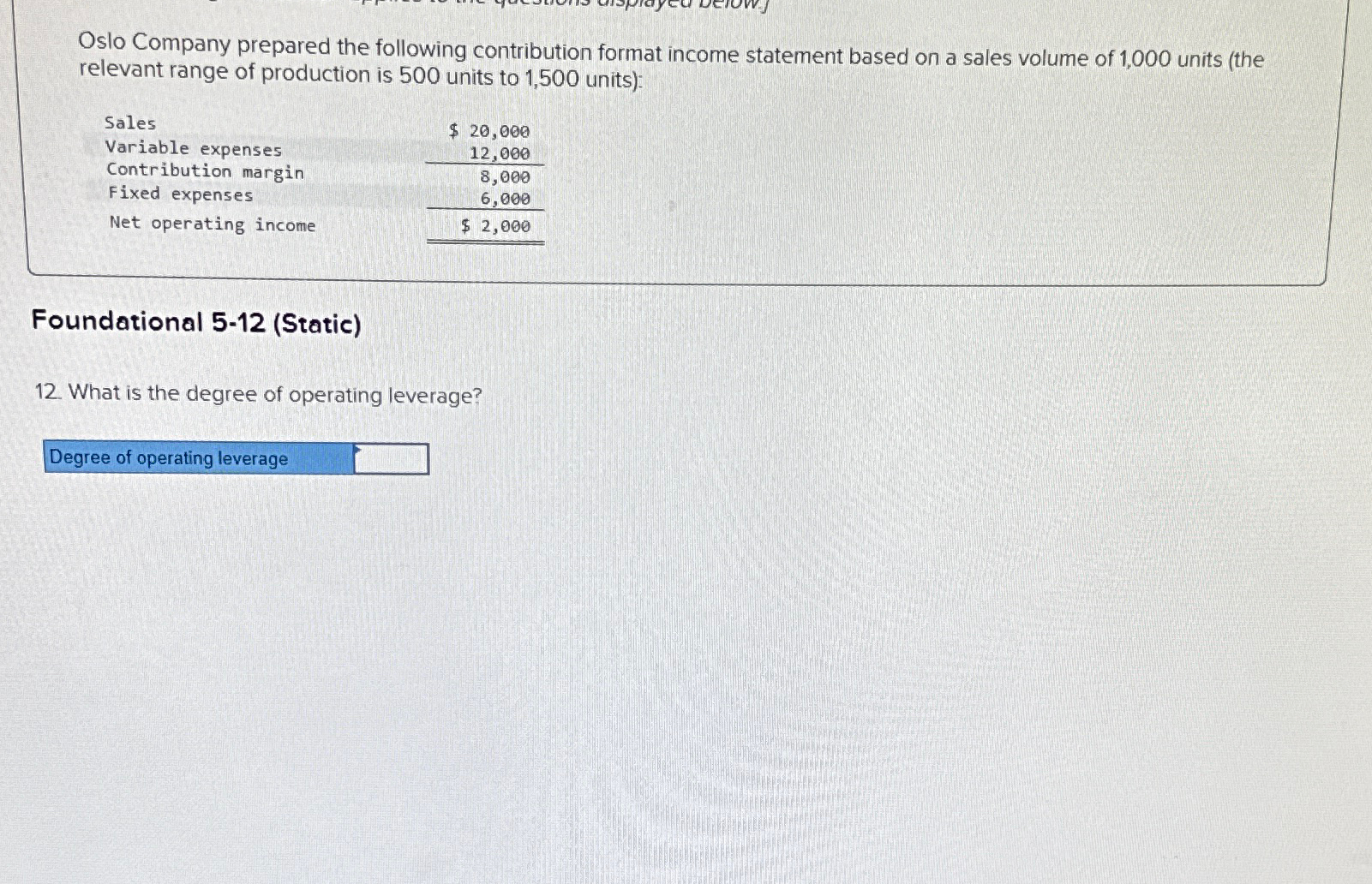 Solved Oslo Company prepared the following contribution | Chegg.com