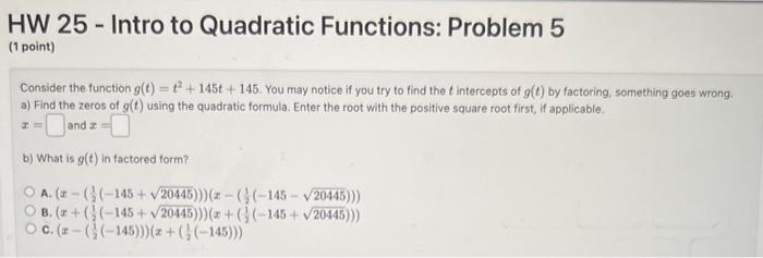 Solved HW 25 - Intro to Quadratic Functions: Problem 5 (1 | Chegg.com