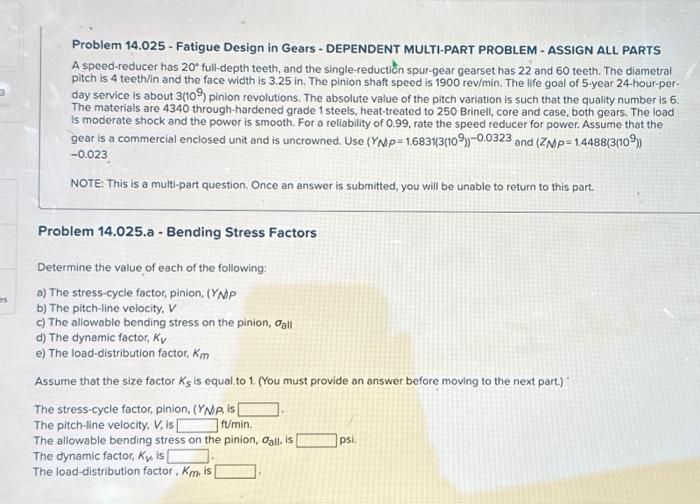 Solved Problem 14.025 - Fatigue Design in Gears - DEPENDENT | Chegg.com