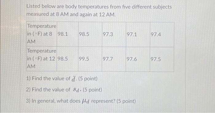 Solved Listed below are body temperatures from five | Chegg.com