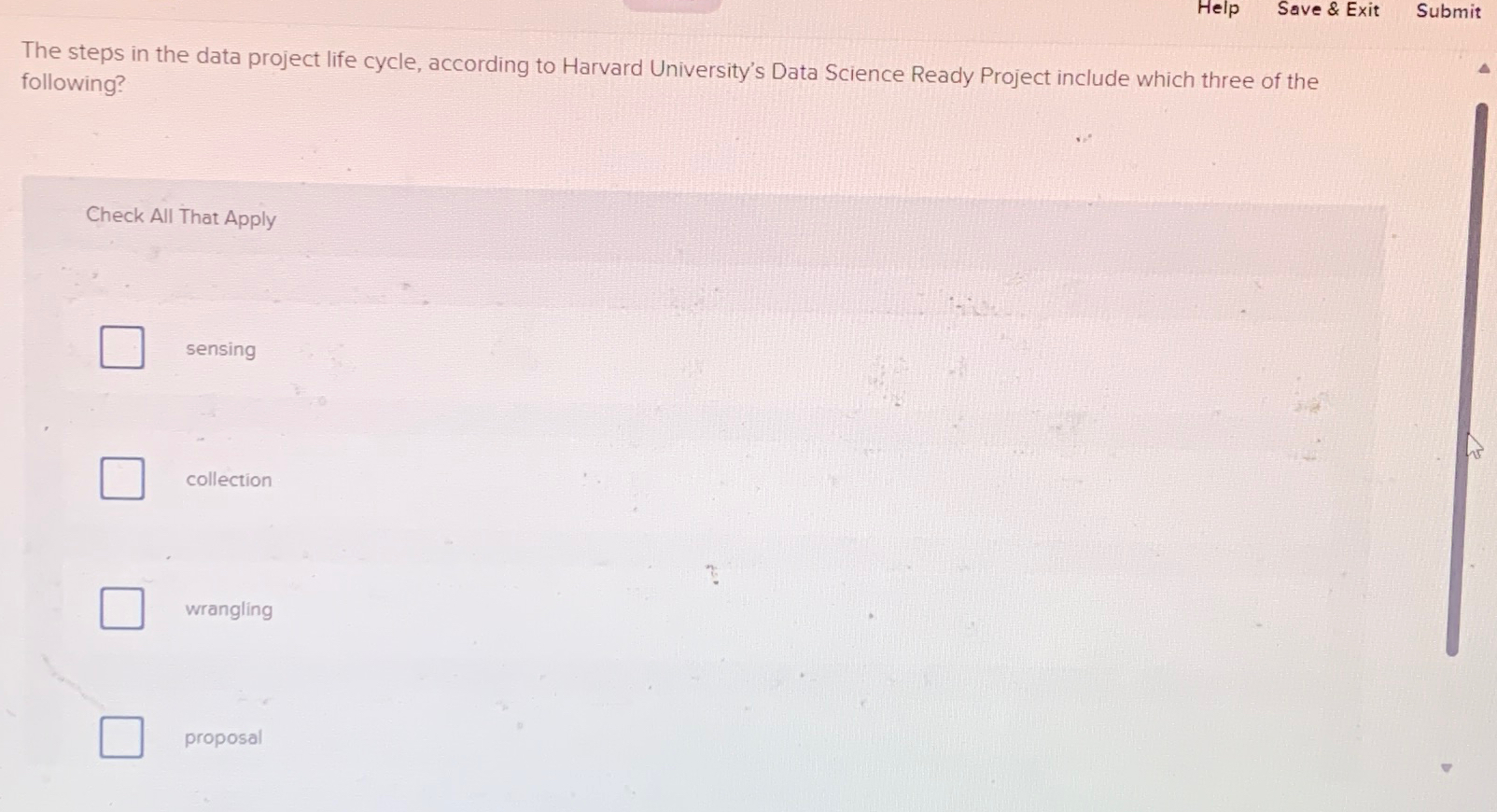Solved HelpSave & ExitSubmitThe steps in the data project | Chegg.com