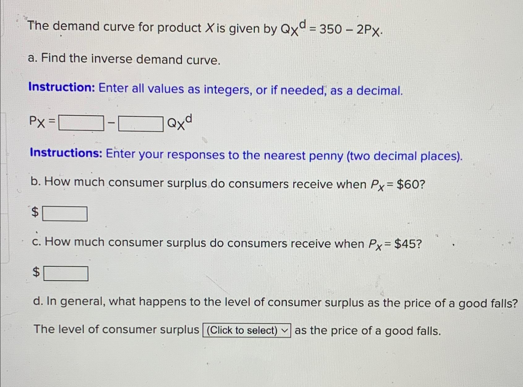 Solved The demand curve for product x ﻿is given by | Chegg.com