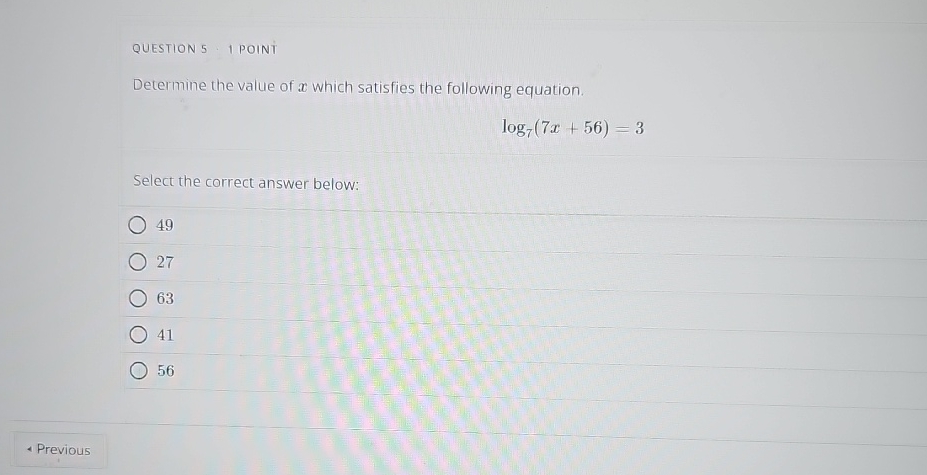 Solved QUESTION 5 - 1 ﻿POINTDetermine the value of x ﻿which | Chegg.com