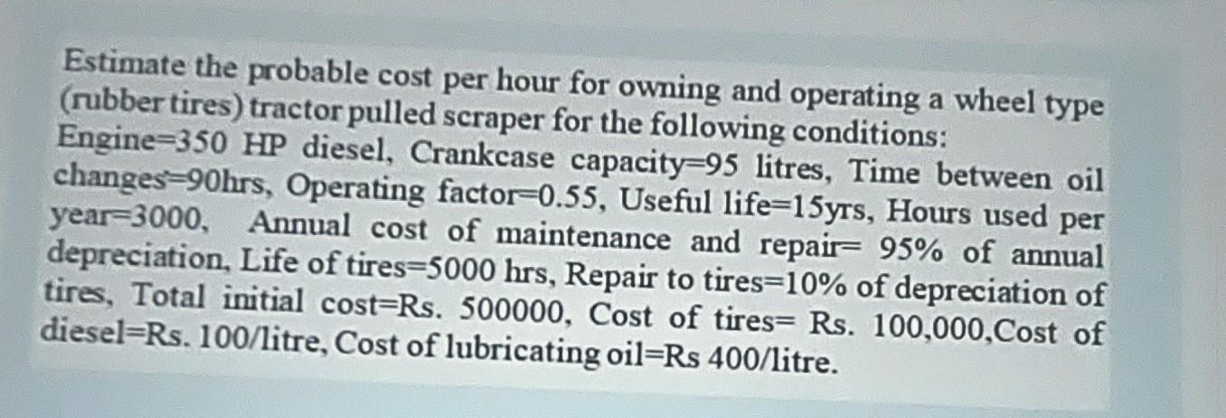 Solved Estimate the probable cost per hour for owning and | Chegg.com