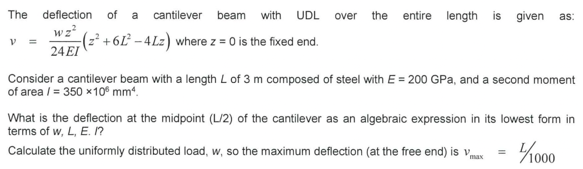 Solved The deflection of a cantilever beam with UDL over the | Chegg.com