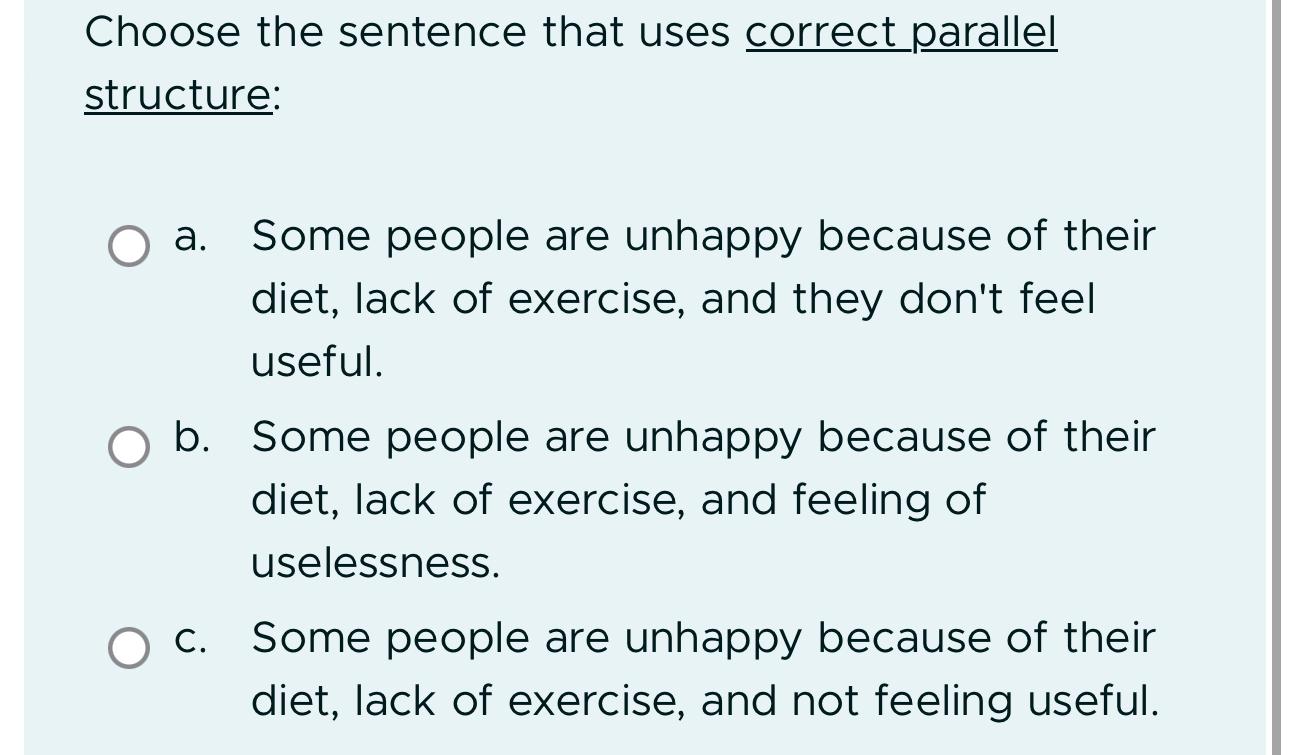 Solved Choose the sentence that uses correct parallel | Chegg.com